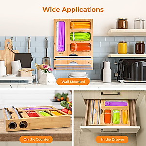 Bag Storage Organizer and Wrap Dispenser with Cutter for Kitchen Drawer, Bamboo Bags Compatible Foil, Wax, Ziploc Gallon, Quart, Sandwich Snack Variety Size 12'' Rolls, 1.0 Count, (Pack of 1)