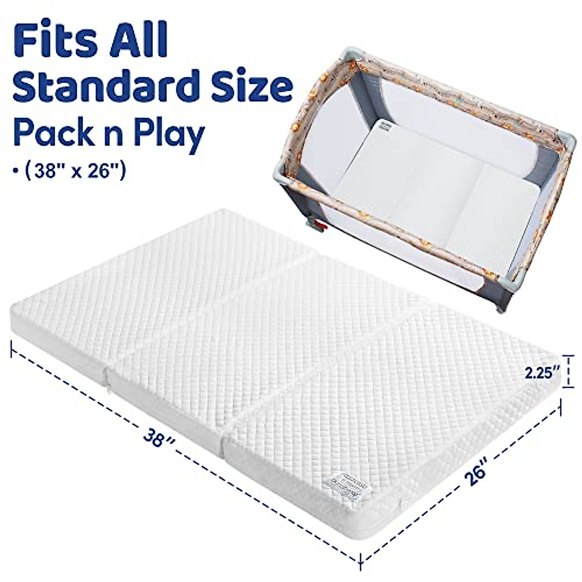 Foambesty®️ Tri-fold Pack n Play Mattress Pad, Portable Pack and Play Mattress, Dual Sided Playard Pad Playpen Foam for Baby & Toddlers, Mini Crib Mattress Nap Mat (38''x26''), Includes Carry Bag