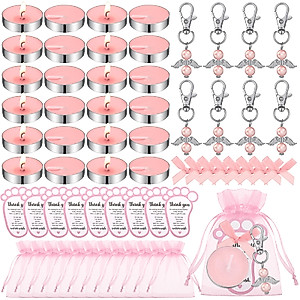 Landical 50 Sets Baby Shower Favors for Guests Including 50 Unscented Tealight Baby Shower Candles 50 Angel Keychains 50 Gift Bags 50 Baby Shower Cards for Baby Shower Gender Reveal Party(Pink)