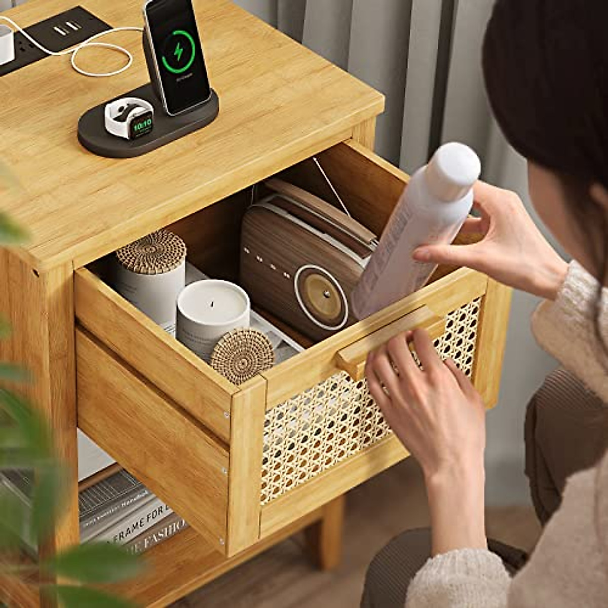 VIAGDO Nightstand with Charging Station, Bamboo End Table, Bedside Table with Rattan Drawer, Night Stand for Bedroom, Natural