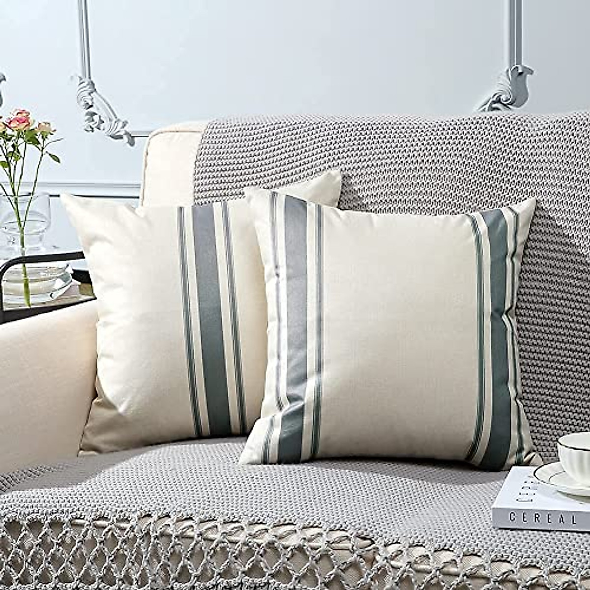 OTOSTAR Set of 2 Outdoor Pillow Covers 18x18 Inch Waterproof Decorative Throw Pillow Covers Geometry Pillowcases Square Cushion Case Garden Pillows Shell for Couch Patio Furniture Tent Balcony (Grey)