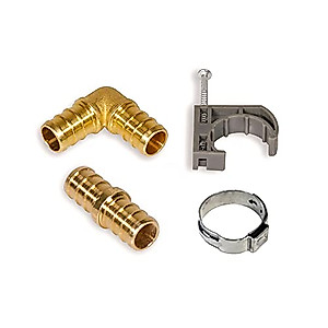 Starter Kit for 1/2-In Pex with Crimper & Cutter Tools - Set includes Brass Elbow & Coupling Fittings, Cinch Clamps, Half Clamps, and 2 Rolls of 1/2-In X 100ft PEX Tubing