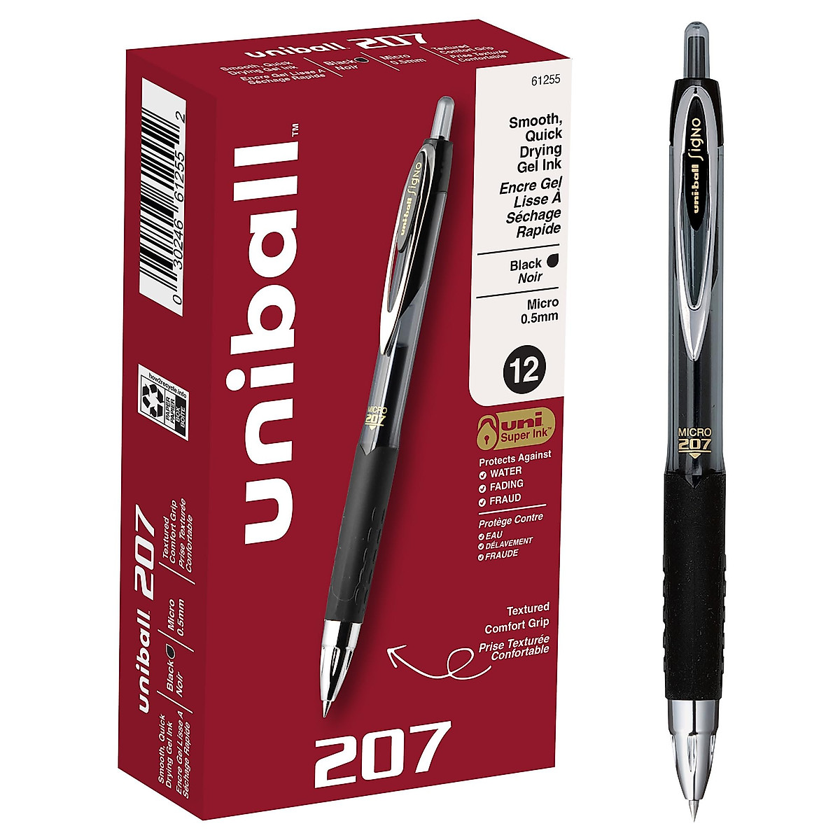 uniball Gel Pens, 207 Signo Gel with 0.5mm Micro Point, 12 Count, Black Pens are Fraud Proof