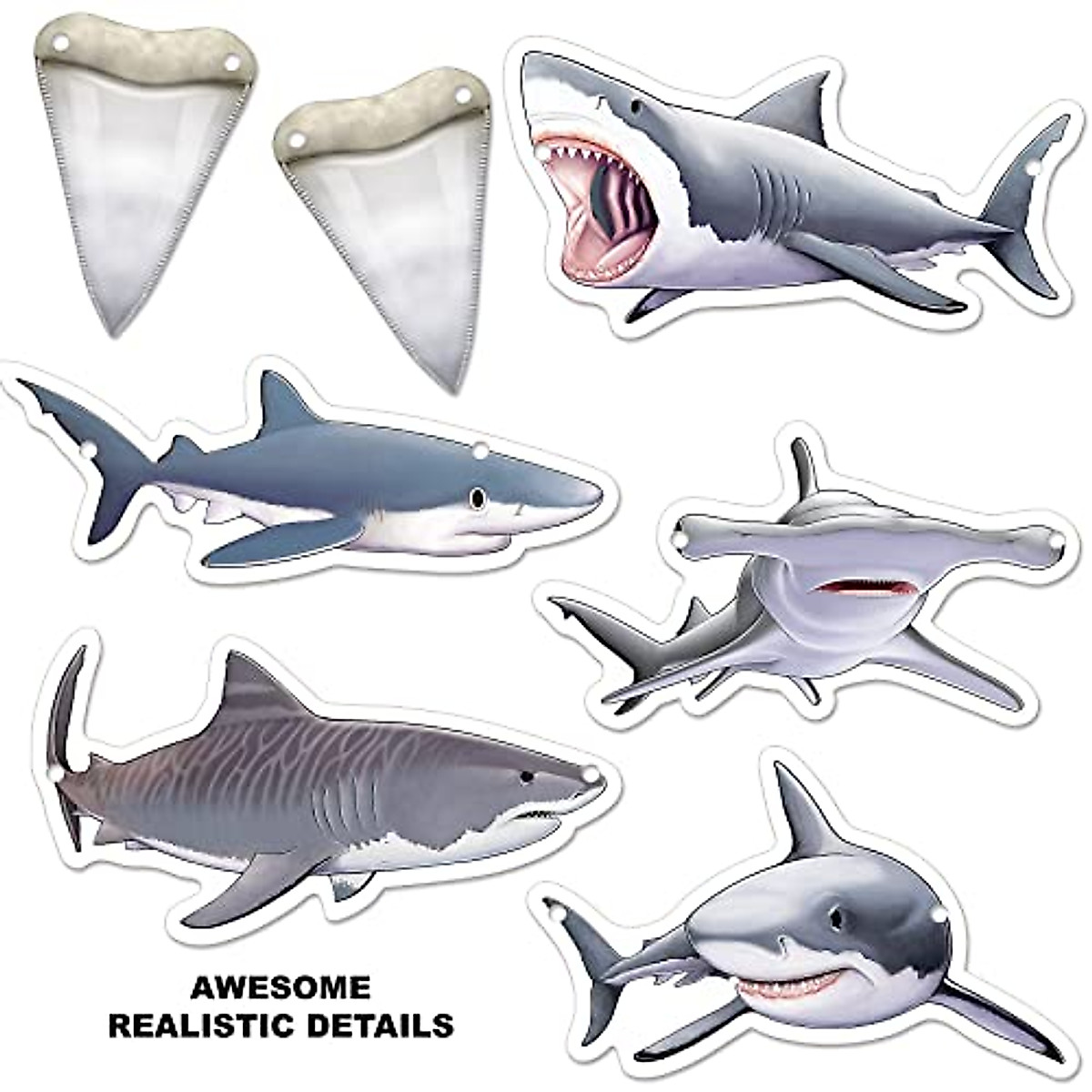 Beistle 4 Piece Shark Banners For Ocean Beach Under The Sea Theme Party Luau Decorations, Birthday Décor, Baby Shower Celebration, 5.25" x 5', Off-White/Gray/Black