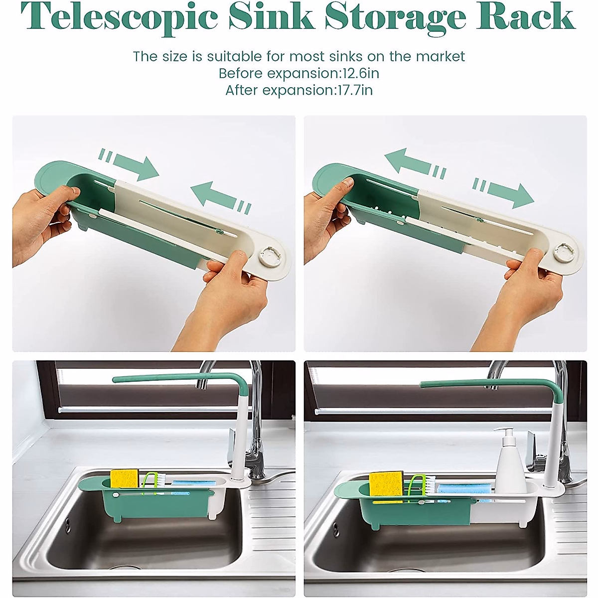 Telescopic Sink Sponges Storage Rack, 11.8 -17.7inch Adjustable Soap Sponge Organizer for Kitchen Sponge and Soap Expandable Storage Drain Basket with Dishcloth Hanger…