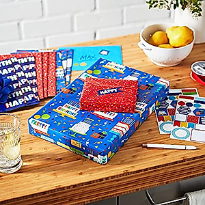 Hallmark Flat Birthday Wrapping Paper Sheets with Cutlines on Reverse (12 Folded Sheets with Sticker Seals) Happy Birthday, Red Confetti, Blue with Cakes
