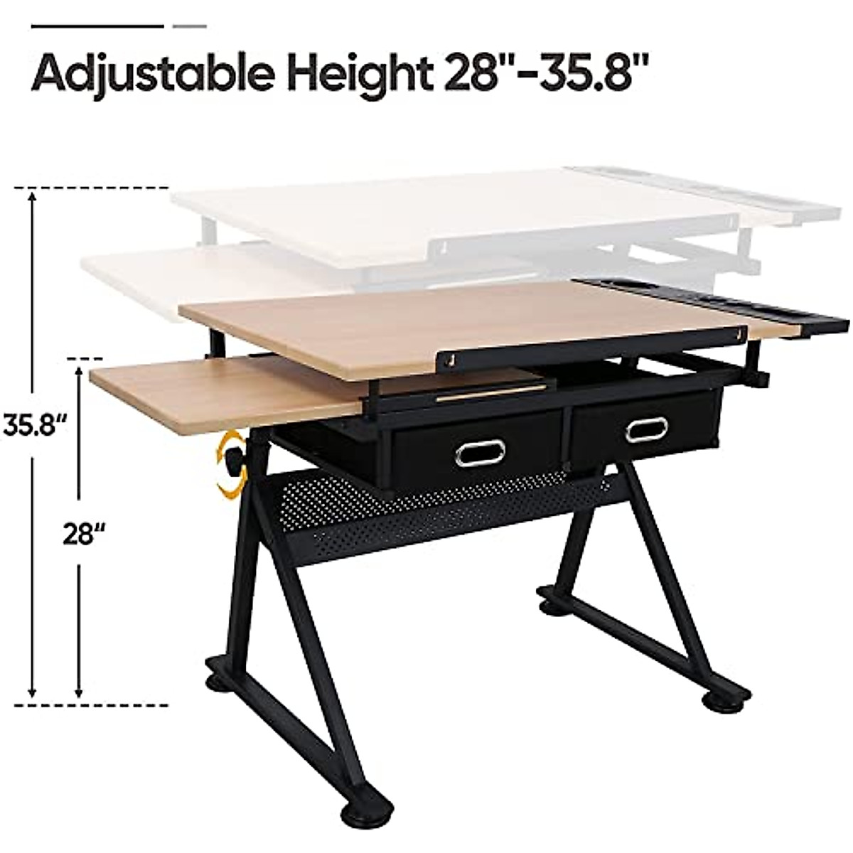 Saturnpower Drafting Table Height Angle Adjustable Drawing Table Tiltable Tabletop Art Craft Work Station w/Stool and 2 Storage Drawer Student Desk for Painting, Writing, and Art Craft Supplies