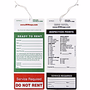 "The Economy" RTR-200 - 10Pt Card Stock - Weather Resistant - Ready To Rent Equipment Tag - 1000 Per Case - FREE samples - email info@RTRnation.com