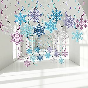 30 Pieces Snowflake Hanging Swirls Decorations, Christmas Ceiling Decor Purple Blue White Snowflakes for Winter Holiday Wonderland New Year Birthday Party Favors Baby Shower Supplies (Colorful)