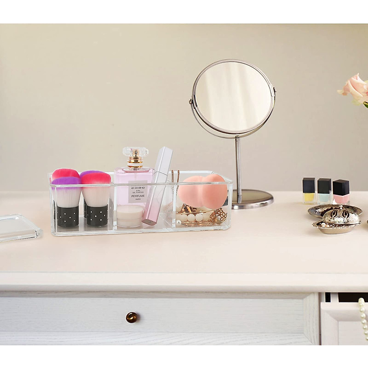 dedoot Plastic Drawer Organizer, Clear Acrylic Vanity Desk Storage and Organizer, 3 Compartment Make Up Holder with Lid Bathroom Display Storage Container for Jewelry, Small Items, 9.17x3.7X3.46 Inch