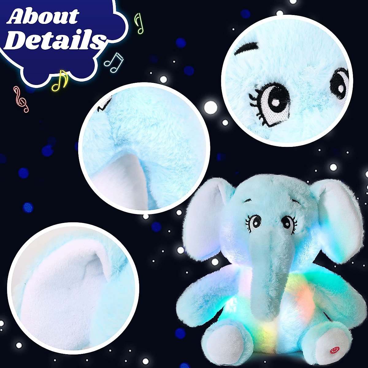 Cuteoy Musical Plush Elephant Stuffed Animal Soft Glowing LED Light-up Nightlight Toys Singing Lullabies Birthday Christmas Plushies Gifts for Kids Boys Girls,10"