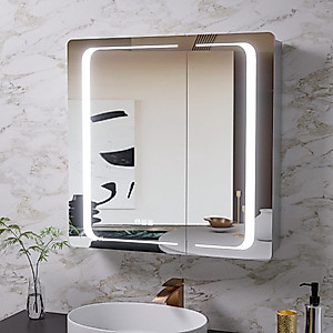 LED Lighted Bathroom Medicine Cabinet with Mirror, 30 x 30 Inch, Recessed or Surface led Medicine Cabinet, Rounded Corner,Stepless Dimming,3-Color Temper Change,Interior LED Lighting, Door Wide Open