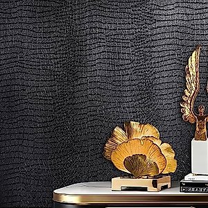 Black Peel and Stick Wallpaper, 15.7" X 118" Crocodile Wallpaper Embossed Easy Peel off Wallpaper Self Adhesive Removable Contact Paper Textured Wallpaper for Cabinet Bedroom with Knife Tape Measure