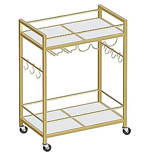 VLOBAOM Serving Cart for Home, Bar Cart with Lockable Wheels, Wine Rack and Glass Holder, Mobile Liquor Cabinet Storage Shelf,24''Dx13''Wx33''H,Gold