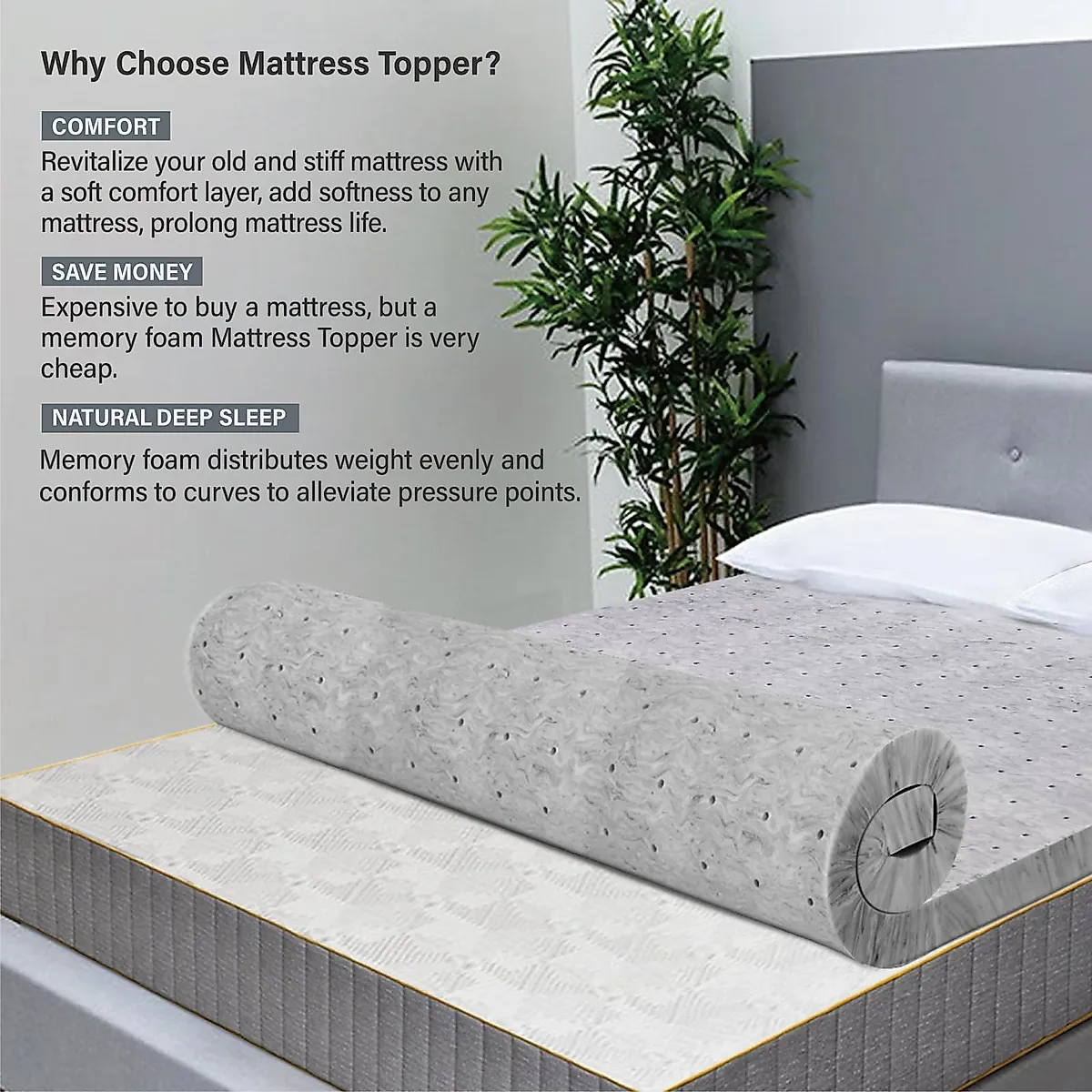BedsPick Memory Foam Mattress Topper Twin 3 Inch, Foam Mattress Pad, Single Bed Toppers with Ventilation Holes