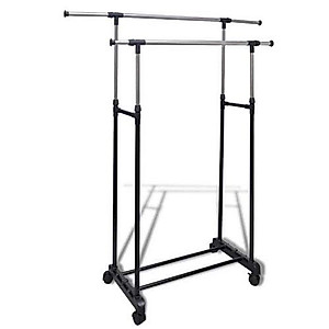 WOHLLEBEN Expandable Double Rods Clothing Rack Portable Freestanding Clothes Rack on Wheels Clothes Closet with Shoe Shelves Multi-functional Garment Rack, (33"-59")×16.5"×(43"-67")