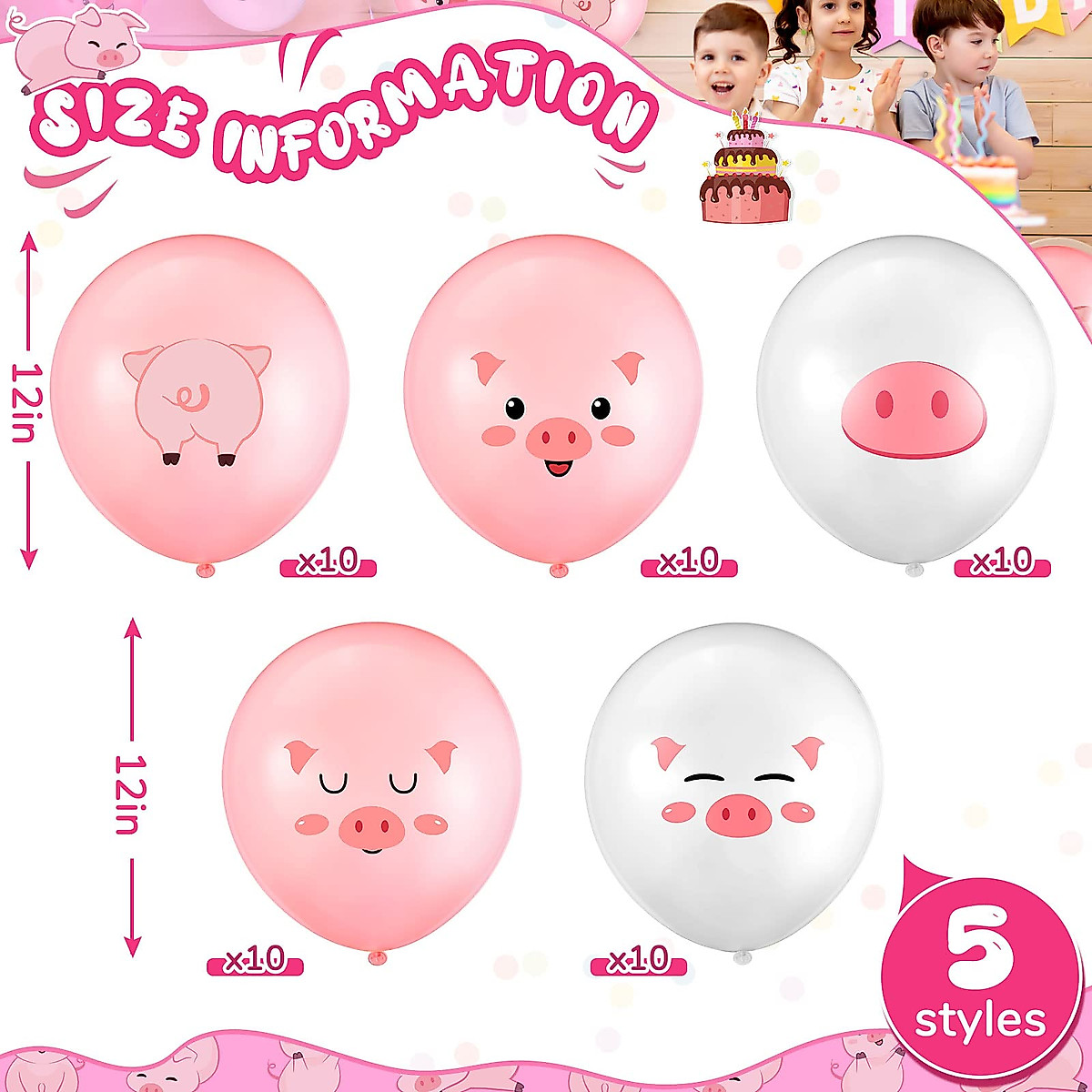 50 Pcs Pig Farm Animal Balloons 12 Inch Pig Print Latex Balloons Piggy Pink Birthday Party Decorations Cute Kids Party Balloons for Farmhouse Pink Farm Themed Birthday Baby Shower Party Supplies