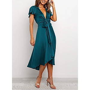 miduo Women's Dresses Summer V Neck Ruffle Short Sleeve Club Self Tie High Waist Hi Low Midi A-Line Skater Satin Dresses Wedding S