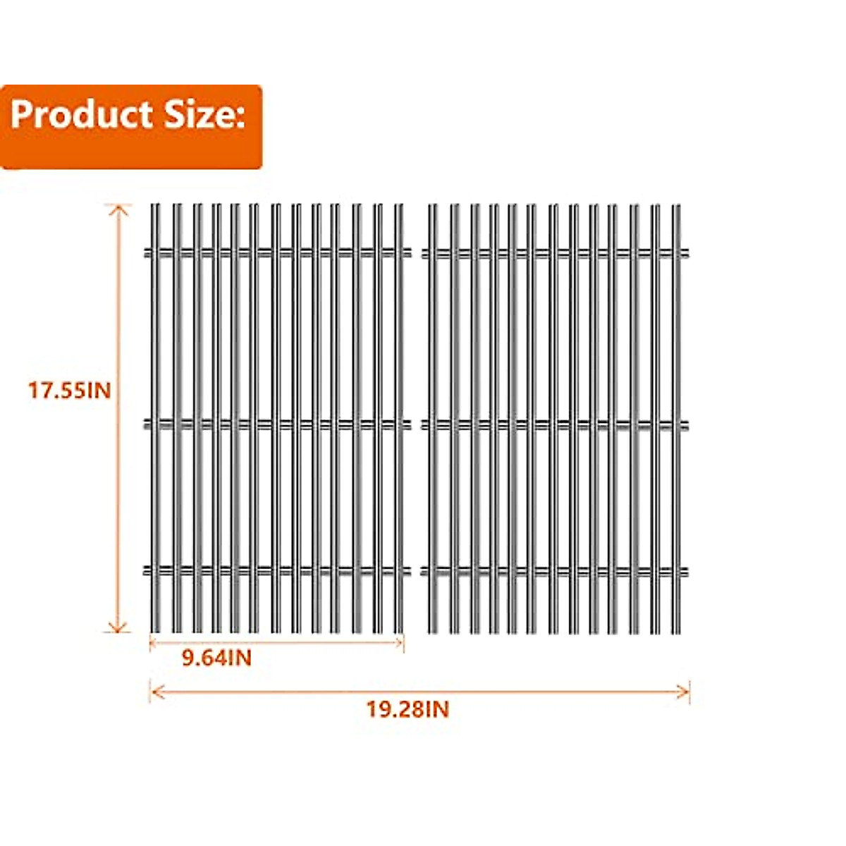 FCCUM Stainless Steel BBQ Grates, 304 Stainless Steel Solid Grates, Suitable Weber Genesis Silver/Gold B & C、 Spirit、and Other Models of Gas Grills, 17.55 inches Long / 9.64 inches Wide, Two-Piece