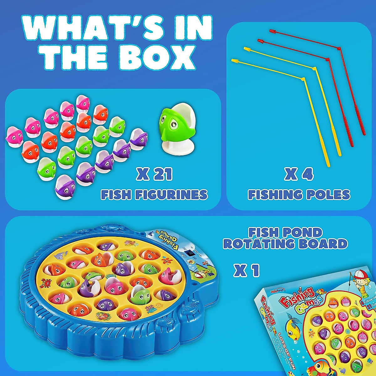 Haktoys Fishing Game for Kids and Toddlers - Rotating Fish Board with 21 Fish, 4 Poles, and Music On/Off Switch for Quiet Play Option - Fun Educational Toy for Boys & Girls