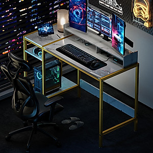 MINOSYS Gaming Desk with Monitor Stand, Storage and Marble Design - Adjustable Home Office Writing Desk