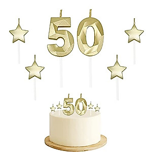 50th Birthday Candles for Cake - Number 50 & 5 & 0 Birthday Candles and Glitter Star Birthday Candles 2 Inch 3D Diamond Shape Number Candles for Birthday Party Anniversary Kids Adults(Gold)