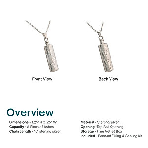 Etched Cylinder Pendant and Necklace for Ashes, Sterling Silver, Cremation Jewelry for Ashes