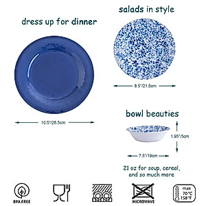 MissYIP Melamine Dinnerware Set, 12 Piece Melamine dishes Service for 4, Floral Plates and Bowls Sets, for Indoor and Outdoor Use, Dishwasher Safe, Lightweight Unbreakable,BPA Free (Blue)