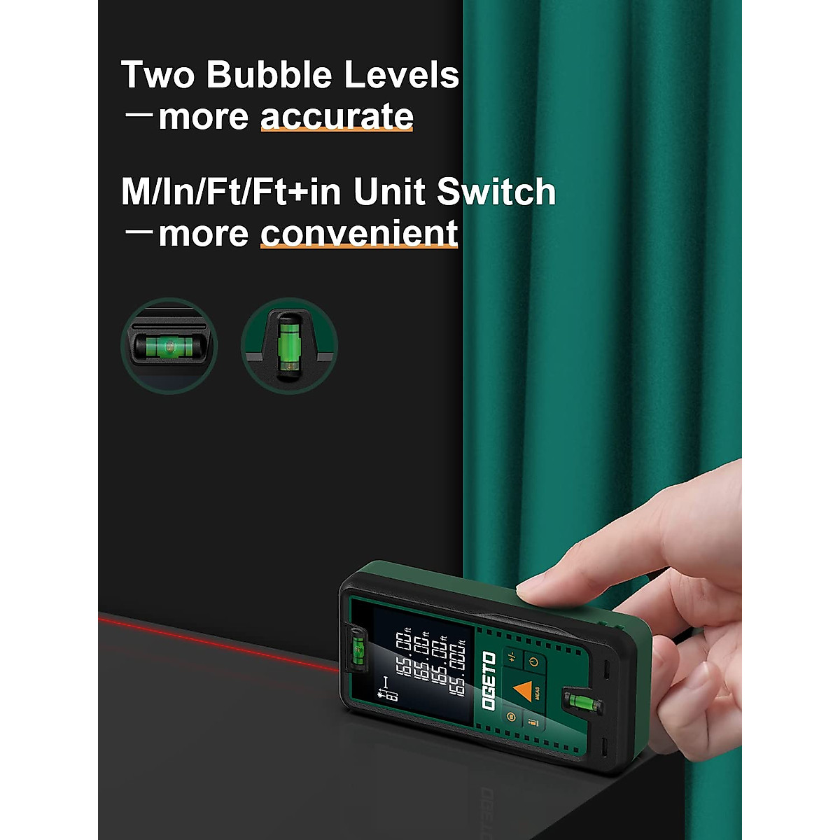 Laser Measure, Ogeto 165 Feet Digital Laser Distance Meter with 2 Bubble Levels,M/in/Ft Unit Switching Backlit LCD and Pythagorean Mode, Measure Distance, Area and Volume