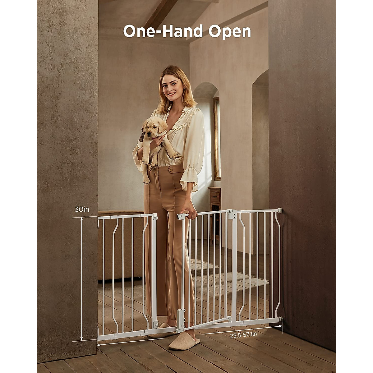 Ciays 29.5” to 57.1” Baby Gate for Stairs Doorways and House, 30” Height Extra Wide Auto-Close Safety Dog Gate for Pets with Secure Alarm, Pressure Mounted, White