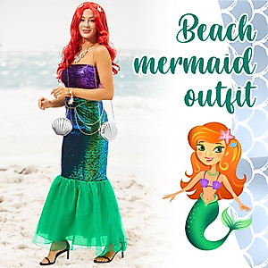 Toulite 8 Pcs Halloween Mermaid Costume for Women Sequin Top Skirt Wig Shell Bag Jewelry Set for Mermaid Cosplay(X-Large)