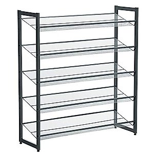 SONGMICS Shoe Rack, 5-Tier Stackable Shoe Storage Shelf, Metal Mesh, Flat or Angled Shoe Organizer Rack for 20 to 25 Pairs of Shoes, Short Boots, High Heels, Grey
