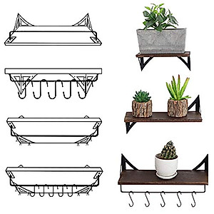 AMUR LEOPARD Floating Shelves Wall Mounted, Rustic Wood Wall Shelves Display Shelf Storage Rack with Towel Bar & 5 Hooks for Bathroom Kitchen Bedroom Set of 3( Weathered Grey/Paulownia Wood)