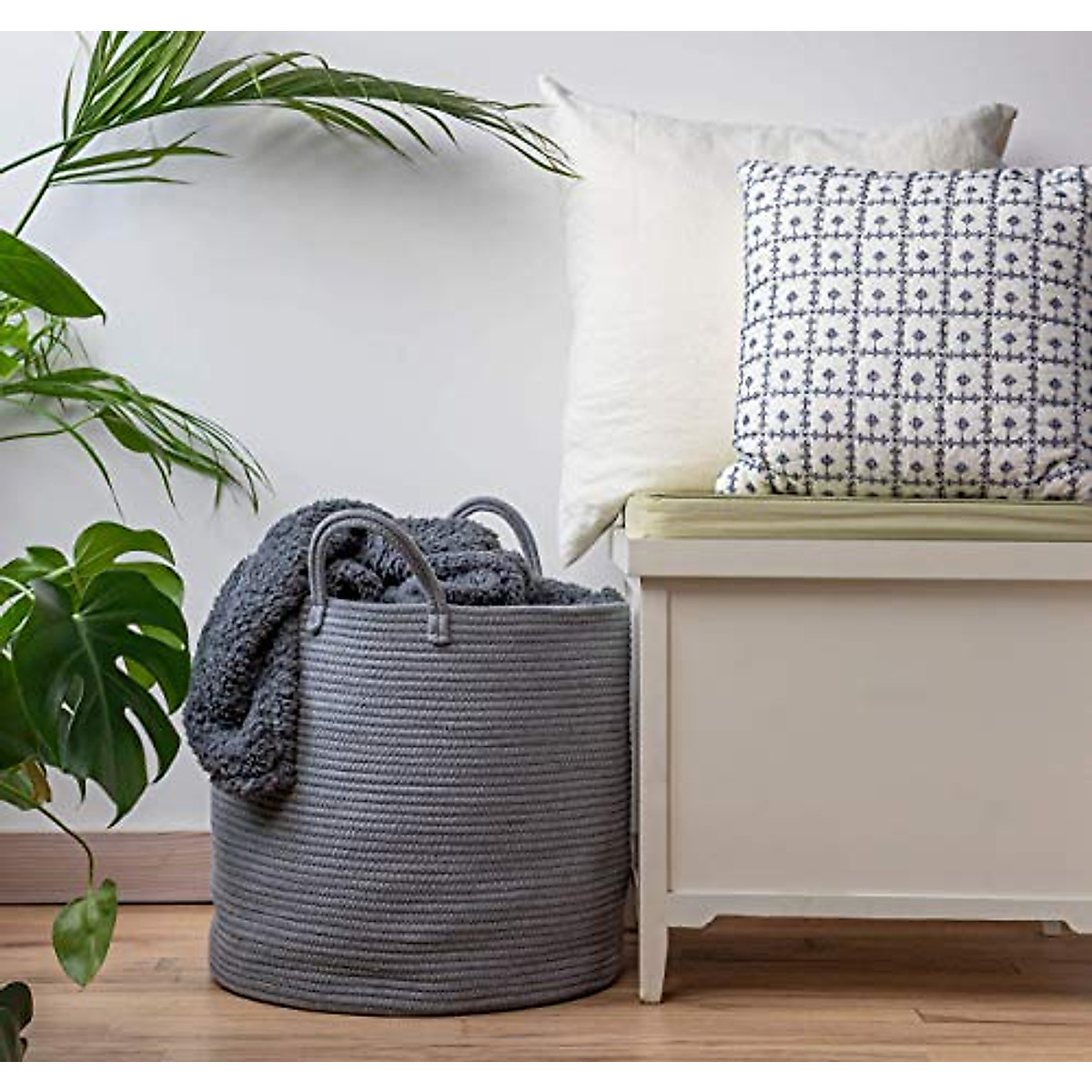 XXL Premium Cotton Rope Basket 18"x18"x16" - Big Basket for Blankets Living Room – Woven Laundry Basket- Grey Basket - Large Blanket Basket Living Room - Storage Basket - Large Baskets for Blankets