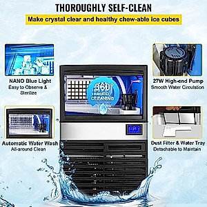 Commercial Stainless Steel Ice Maker Machine with 110LBS/24H Capacity, 39LBS Bin, Electric Water Drain Pump, Water Filter, 2 Scoops, and Connection Hose - Auto Operation for Home, Bar, Restaurant