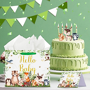 Baby Shower Paper Bag Hello Baby Large Gift Bag Woodland Animals Sage Green Baby Girl Boy Wrapping Paper with Tissue Paper Card for Baby Shower Birthday Gender Reveal Party Favors Decorations Supplies