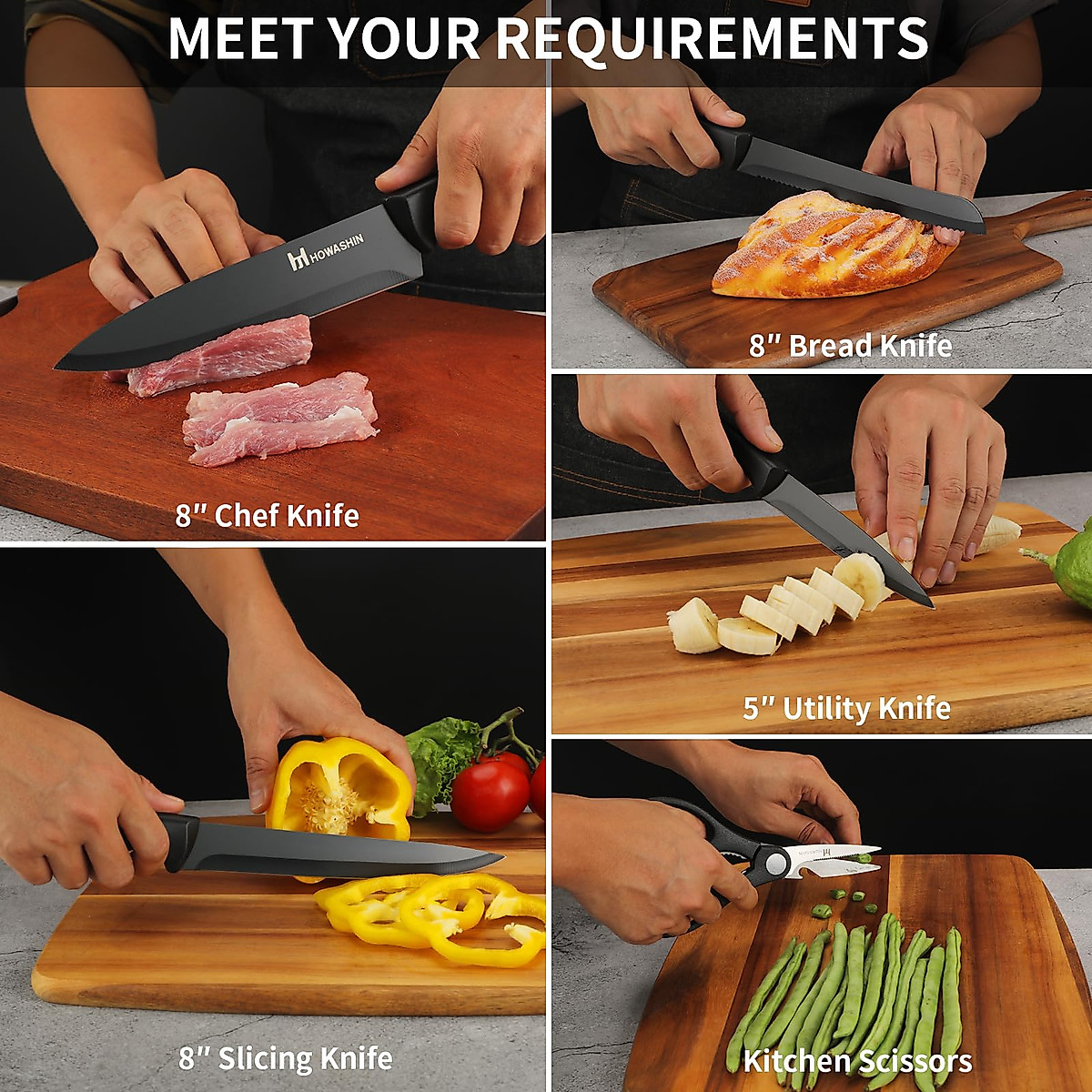 Howashin Knife Set, 6-Piece Black Professional Stainless Steel Knives Set for kitchen with Universal Knife Block - Non-Stick Sharp Blade Chef Knife Set with Cylindrical Knife Block for Gift.