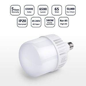 Greous Super Bright 400W-500W Light Bulb Equivalent, 65W LED Bulb 120 Volt Cool White 6500K E26, 6500 Lumens，High Watt Commercial Retrofit LED Bulbs for Yard Garage Factory Warehouse Workshop