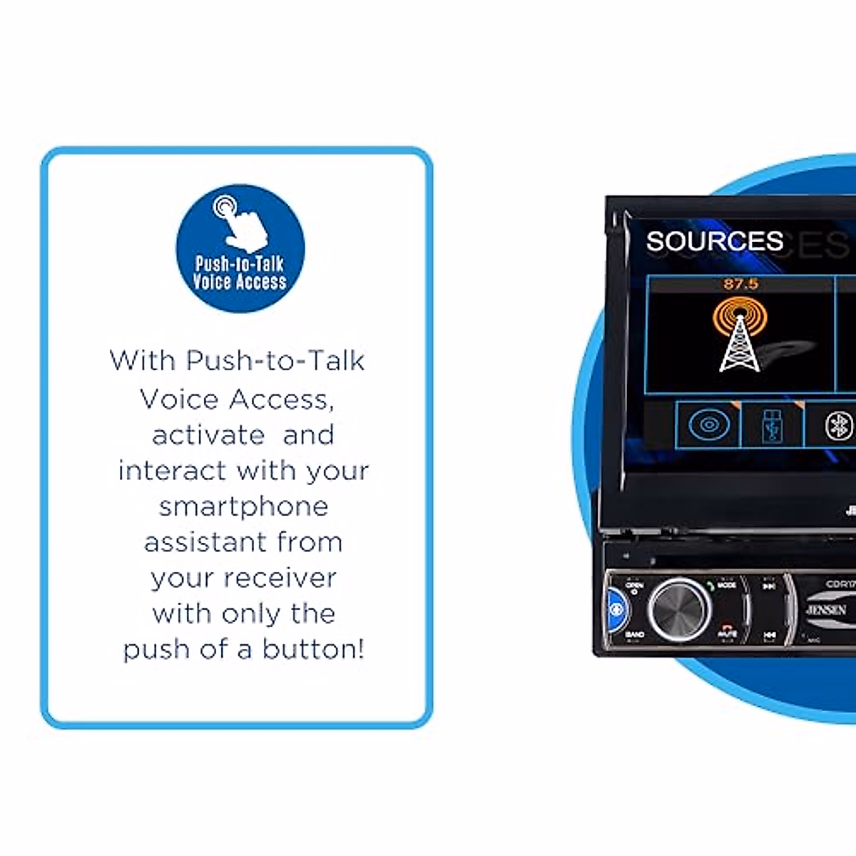 JENSEN CDR171 7 inch AM/FM Motorized Flip Out LED Media Touch Screen Single Din Car Stereo Radio | CD & DVD Player | Push to Talk Assistant | Bluetooth | Backup Camera Input | USB and 3.5mm AUX Inputs