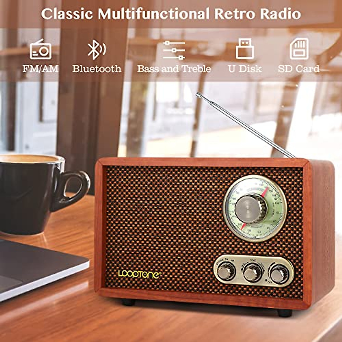 LoopTone USB SD Multifunction AM FM Vintage Radio with Bluetooth Speaker,Retro Wood Table Radio for Kitchen Living Room with Rotary Knob