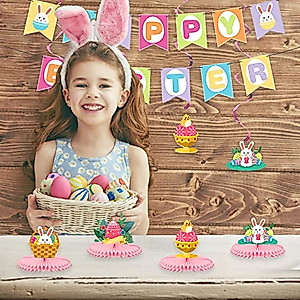 ASunine Easter Party Decorations Happy Easter Banner Hanging Swirl with Honeycomb Centerpieces Easter Eggs Bunny Table Decorations for Home Office School Classroom Party Supplies