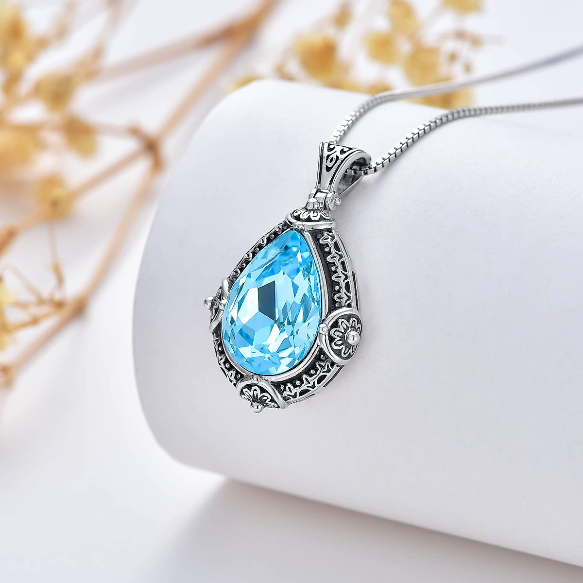 Seiyang 925 Sterling Silver Aquamarine Pendant for Women Filigree Teardrop Necklace Aquamarine Necklaces March Birthstone Necklace Anniversary Birthday Jewelry Gifts for Women Wife Mom Lady Her