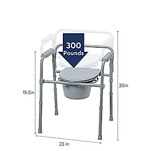 Drive Medical 11148-1 Folding Steel Bedside Commode Chair, Portable Toilet, Supports Bariatric Individuals Weighing Up To 350 Lbs, with 7.5 Qt. Bucket and 13.5 Inch Seat, Grey