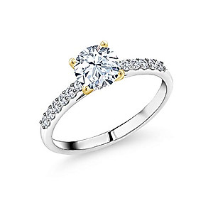 925 Sterling Silver with 10K White Gold Prongs Hearts And Arrows White Created Sapphire and Lab Grown Diamond Women Engagement Ring (1.18 Cttw, Round 6MM, Available In Size 5, 6, 7, 8, 9)
