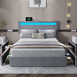 ADORNEVE Queen LED Bed Frame with Drawers Storage, 2 USB Charging Station, Upholstered Platform Bed with Storage & LED Lights Headboard, No Box Spring Needed, Light Grey