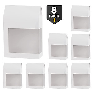 Hammont Gift Boxes (8 Pack) | Beautiful,Tall Paper Boxes with Window | White, 8x5.5x2.5 | Gift Boxes for Parties, Holidays, Weddings, Birthdays etc. | Cupcakes, Cookies, Candies, and More