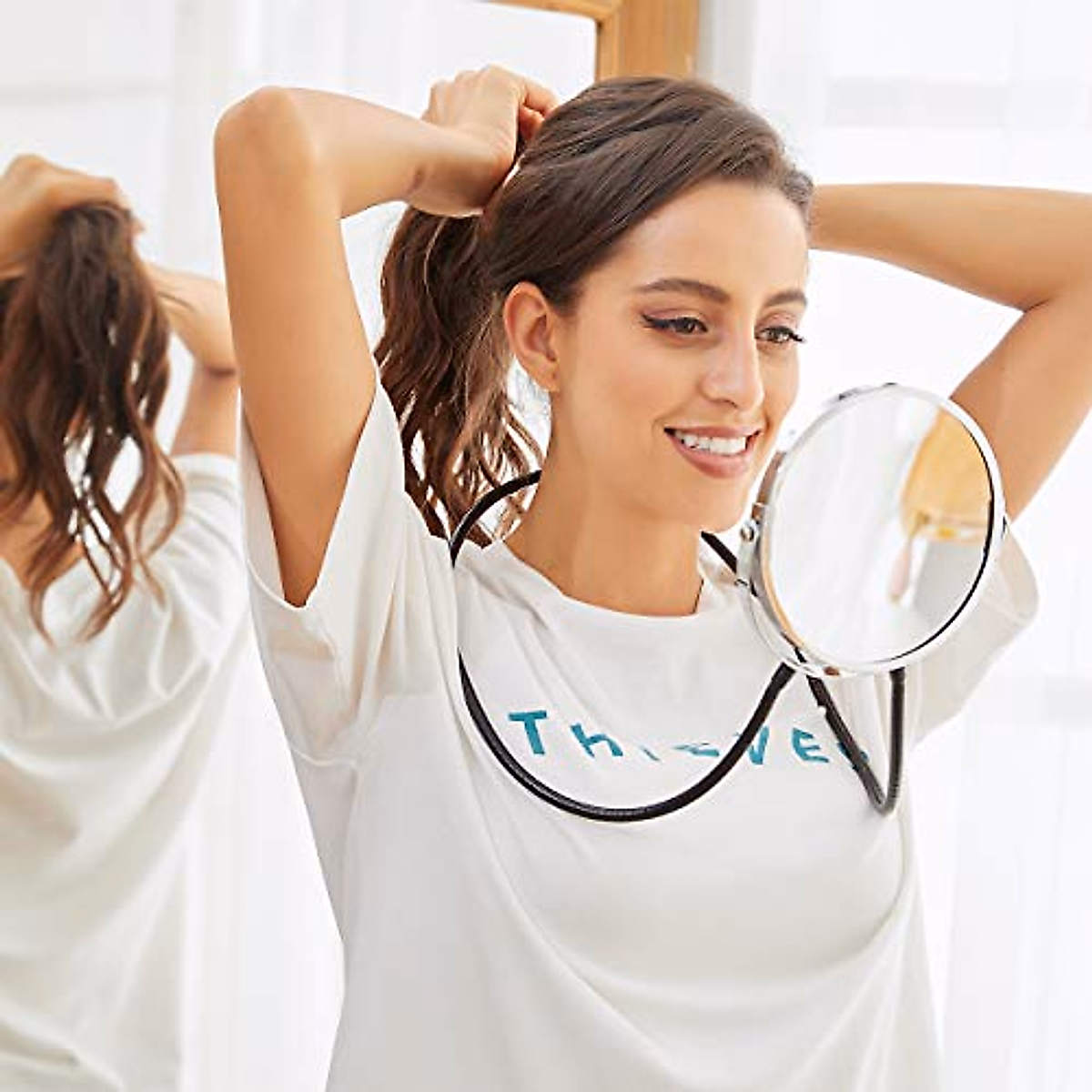 Double Sided Mirror, Standard Viewing and 5X Magnification, Mirror' arm is Flexible to Around The Neck
