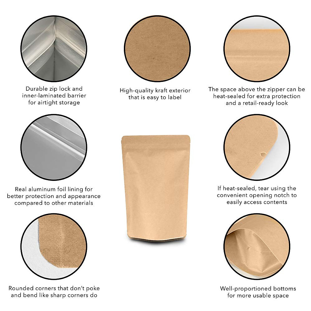 Yuugen Products Kraft Stand-Up Pouch Bags with Aluminum, Zip Lock, and Tear Notch - Reusable, Heat-Sealable | Storage for Food, Non-Food Items, Home and Business - 50 Pcs (5.9" x 8.6")