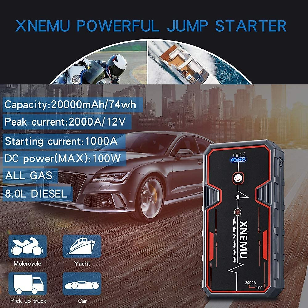 XNEMU Car Jump Starter, 2000A Peak 20000mAh (Up to 8.0L Gas or 6.5L Diesel Engine) 12V Auto Booster Battery Pack Jump Box with Quick Charger Smart Jump Cables