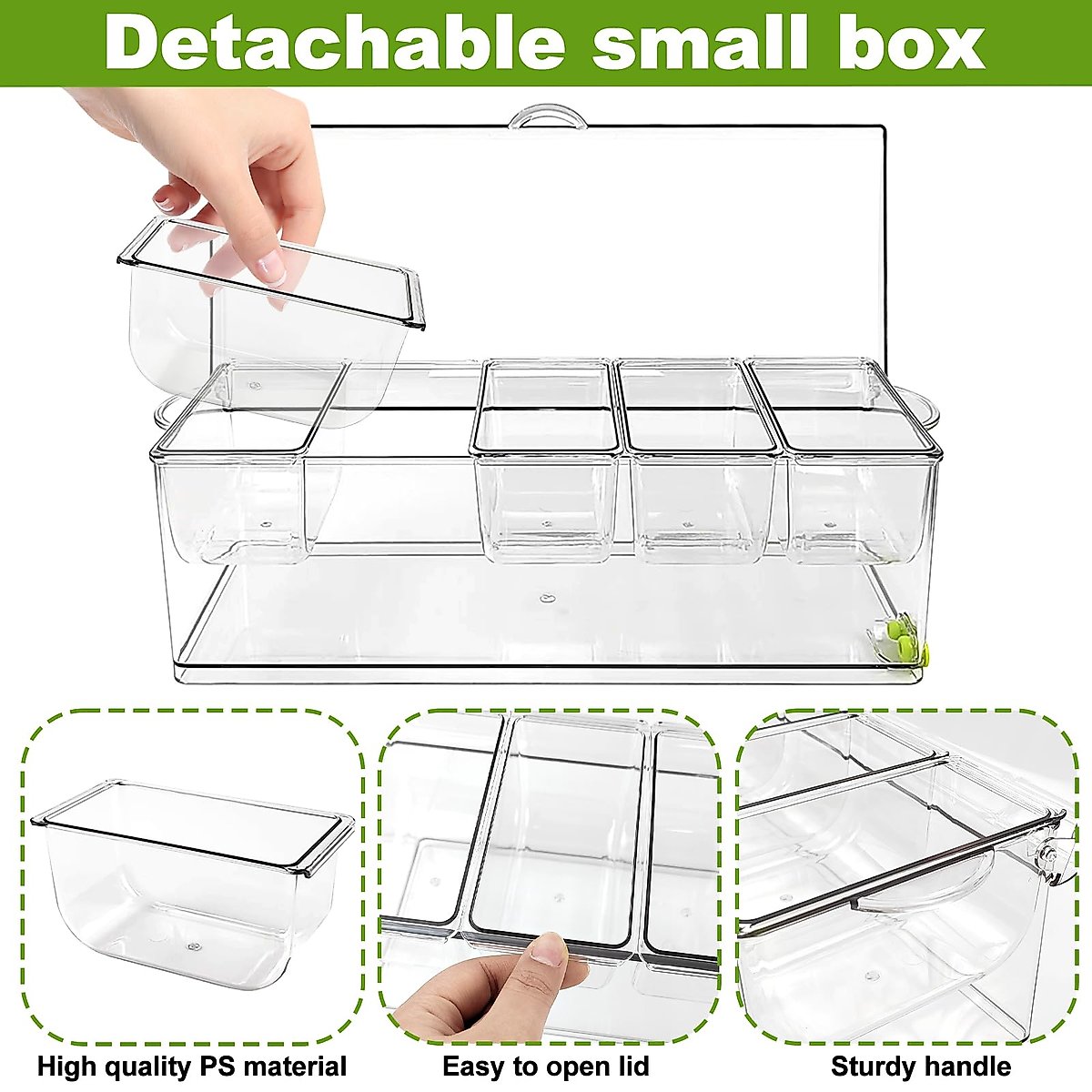 Ice Chilled Condiment Server Caddy, Bar Fruit Caddy with Lid and 5 Removable Compartments, Plastic Storage Food Container Clear Ice Condiment Serving Tray for Party, Toppings Bar Container